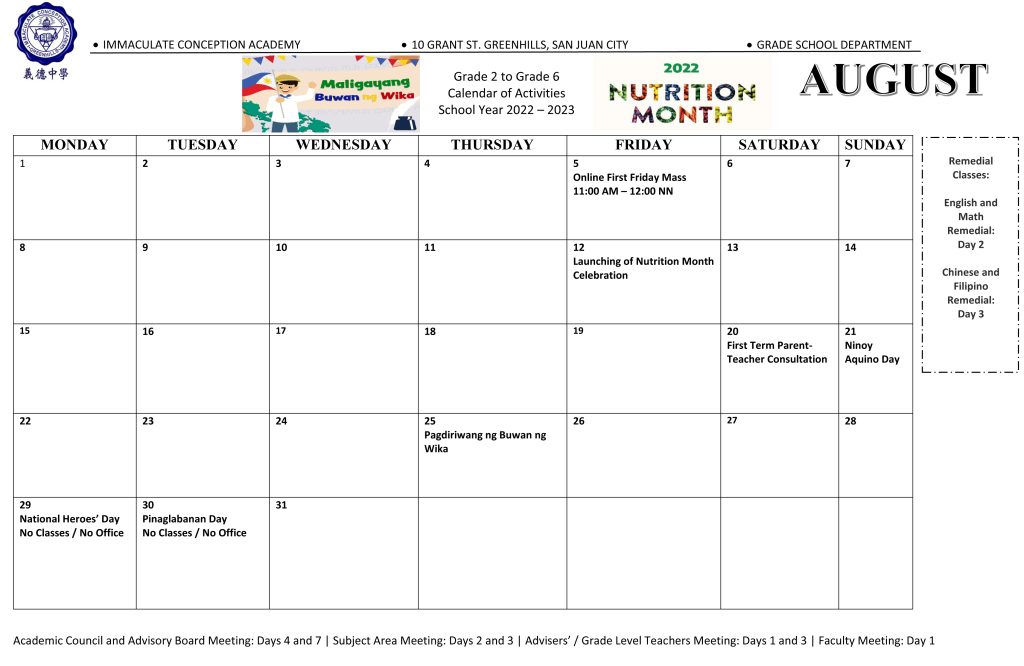 Grades 2 to 6 August 2022 Calendar of Activities - Immaculate ...