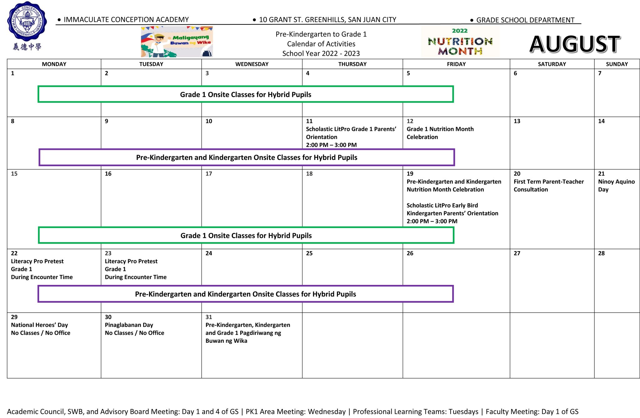 Pre-Kindergarten to Grade 1 August 2022 Calendar of Activities ...